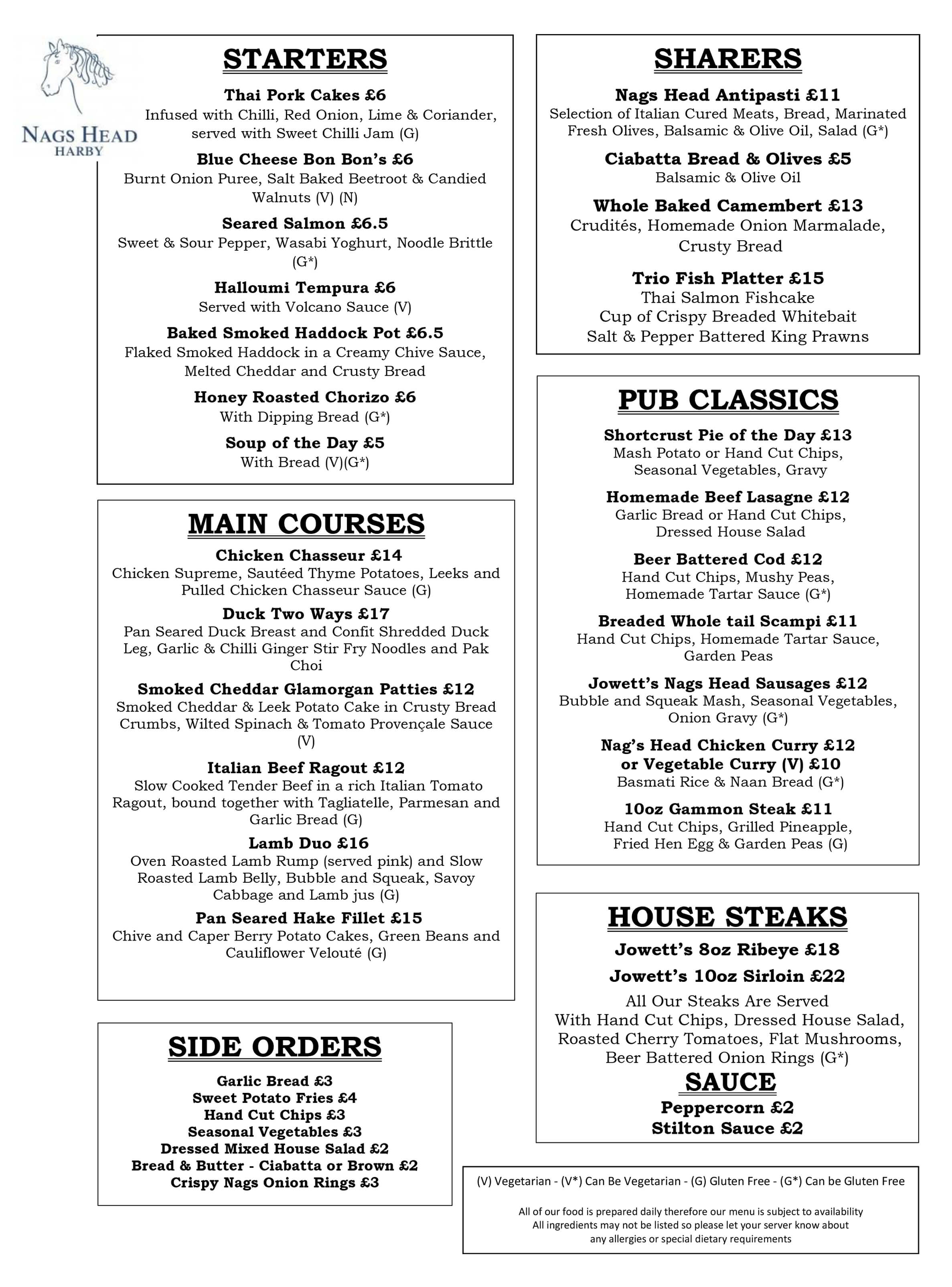 Menus | Nags Head Harby