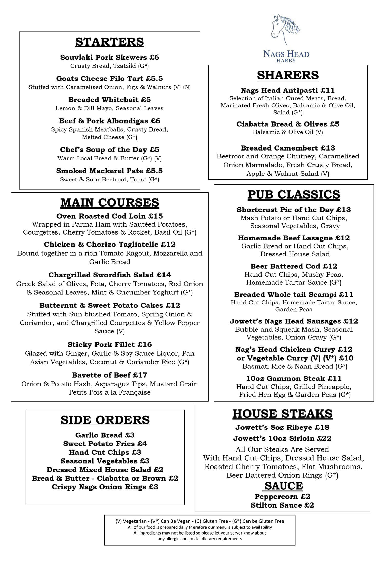Menus | Nags Head Harby