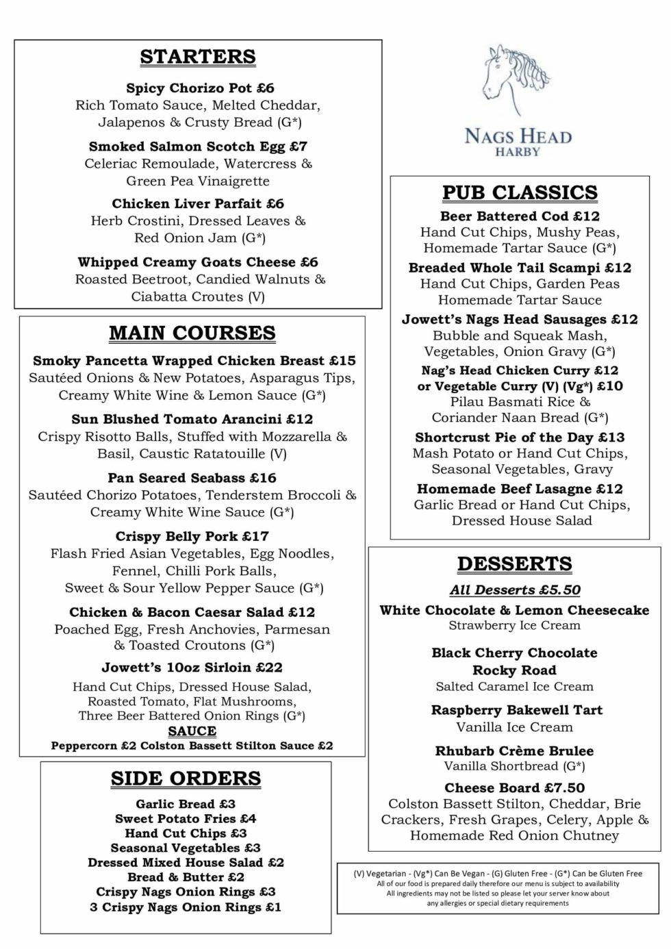 Menus | Nags Head Harby