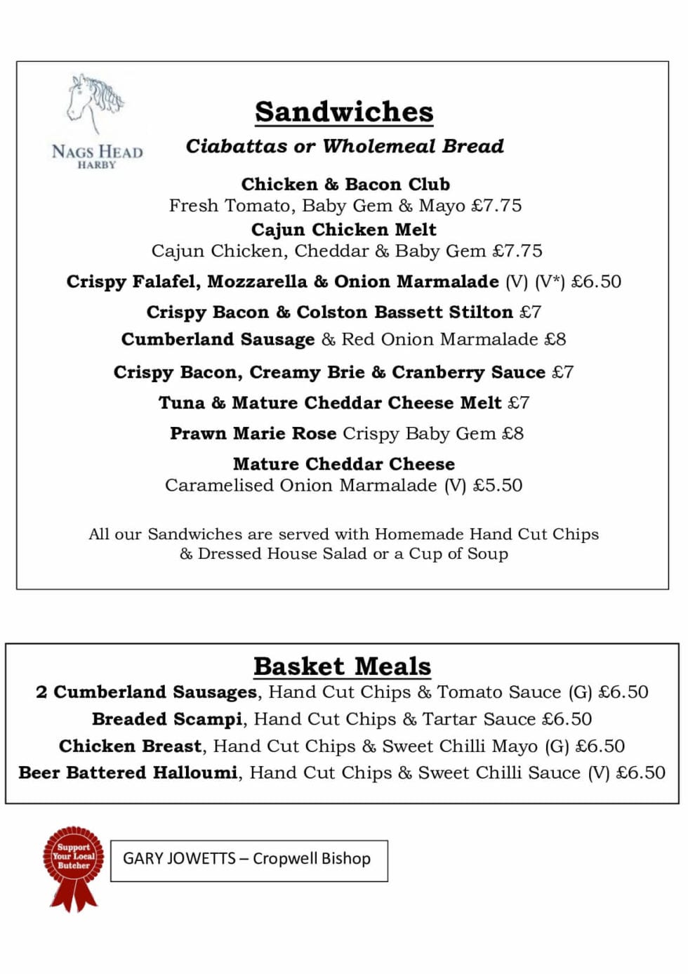 Menus | Nags Head Harby