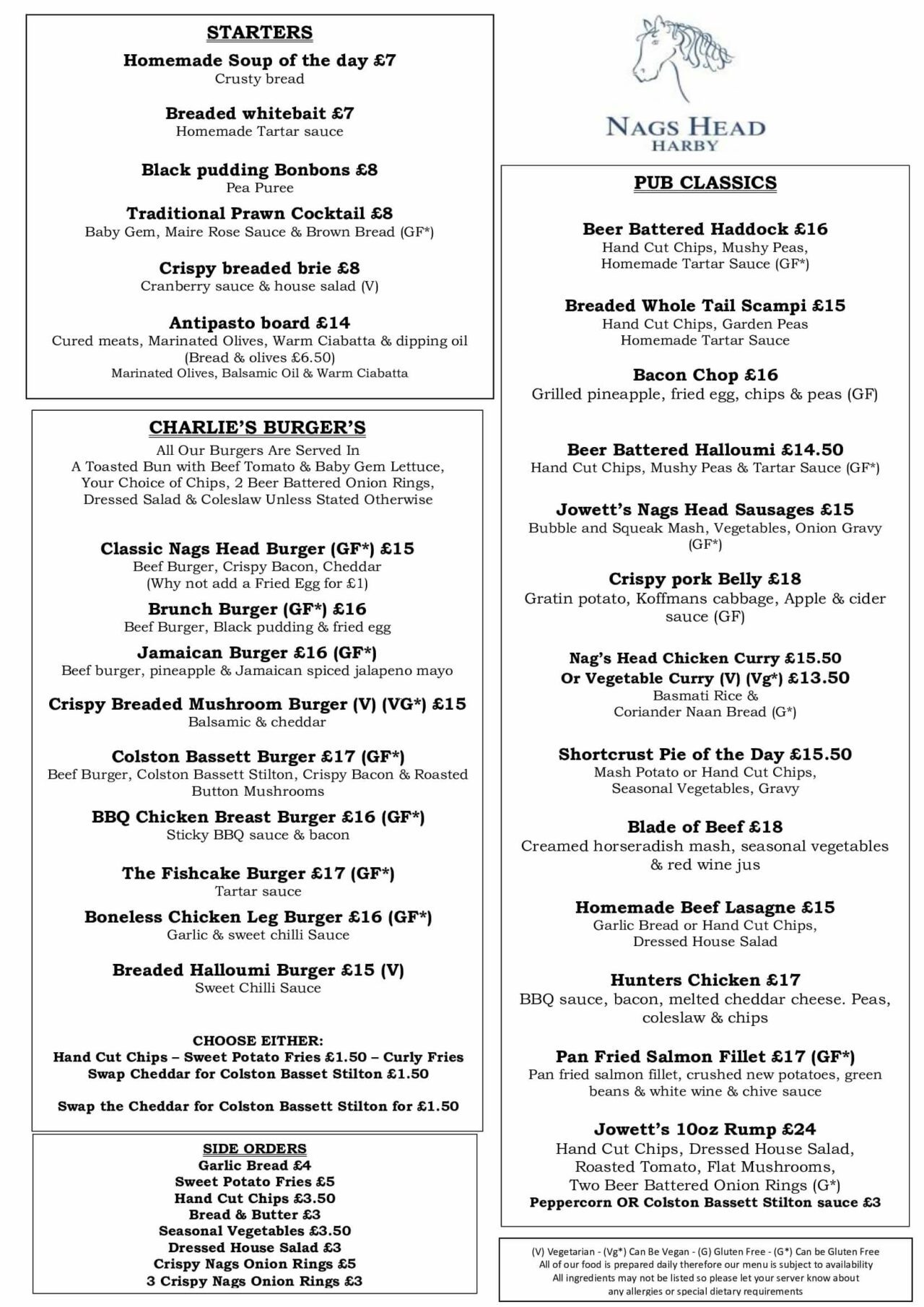 Menus | Nags Head Harby